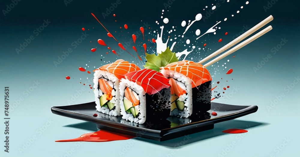 A sushi set mid-action, with vibrant splashes of sauce creating a ...