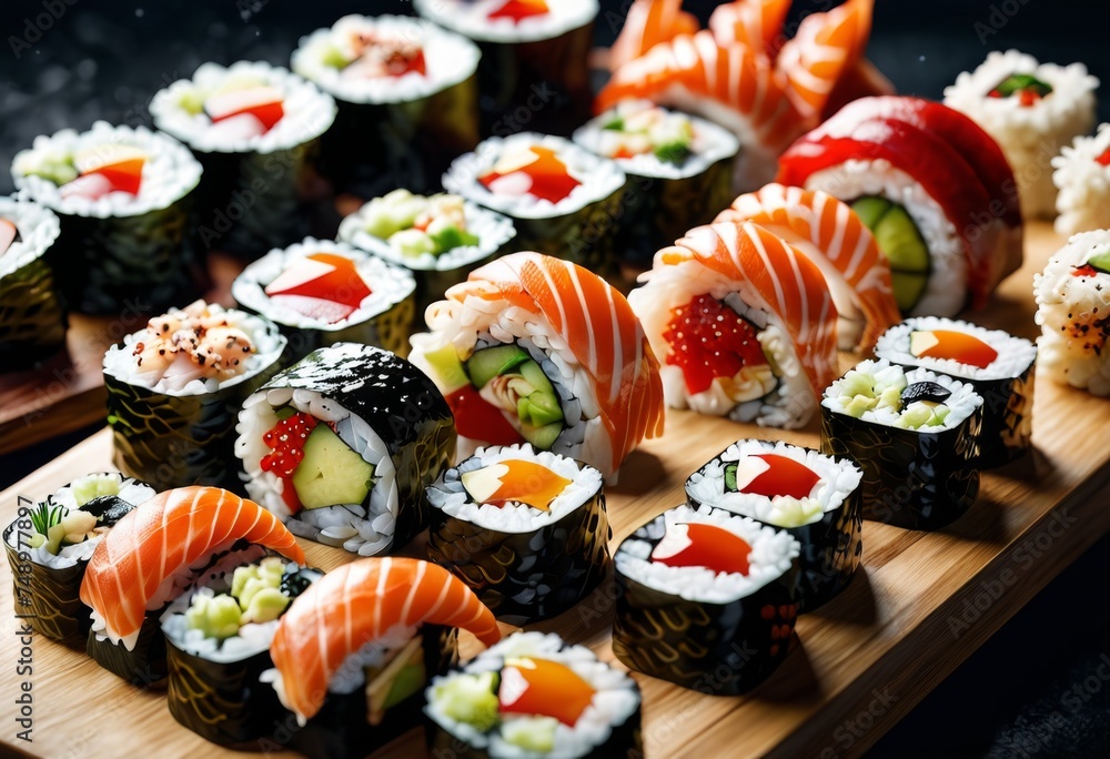 A feast for the senses, this image presents an array of sushi rolls in ...