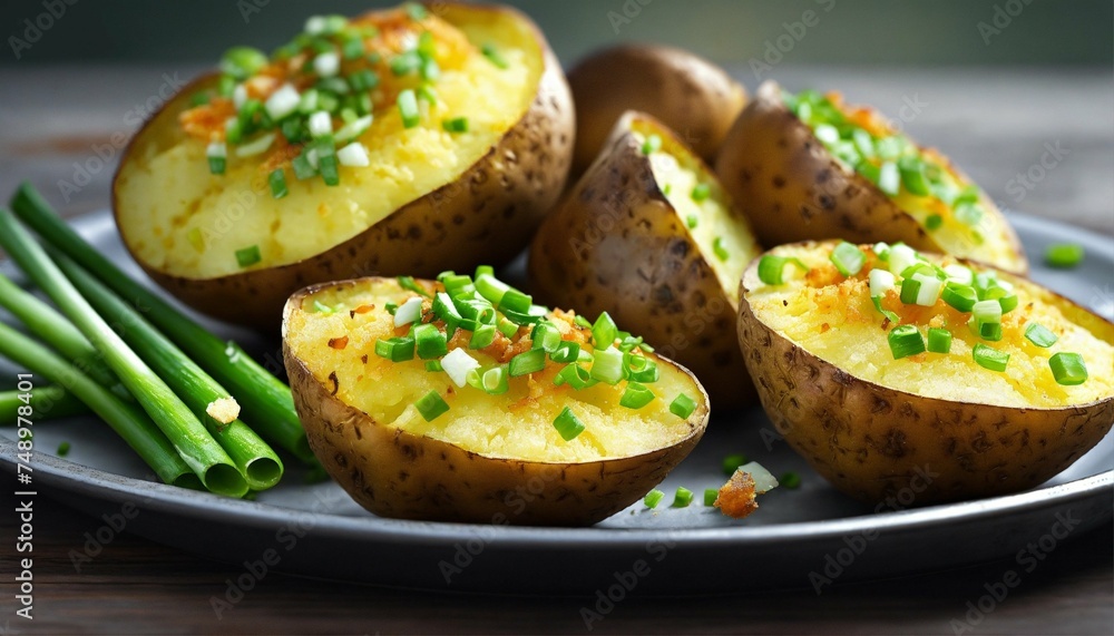 a plate of oven baked potatoes with cut spring onion on top and a pinch ...