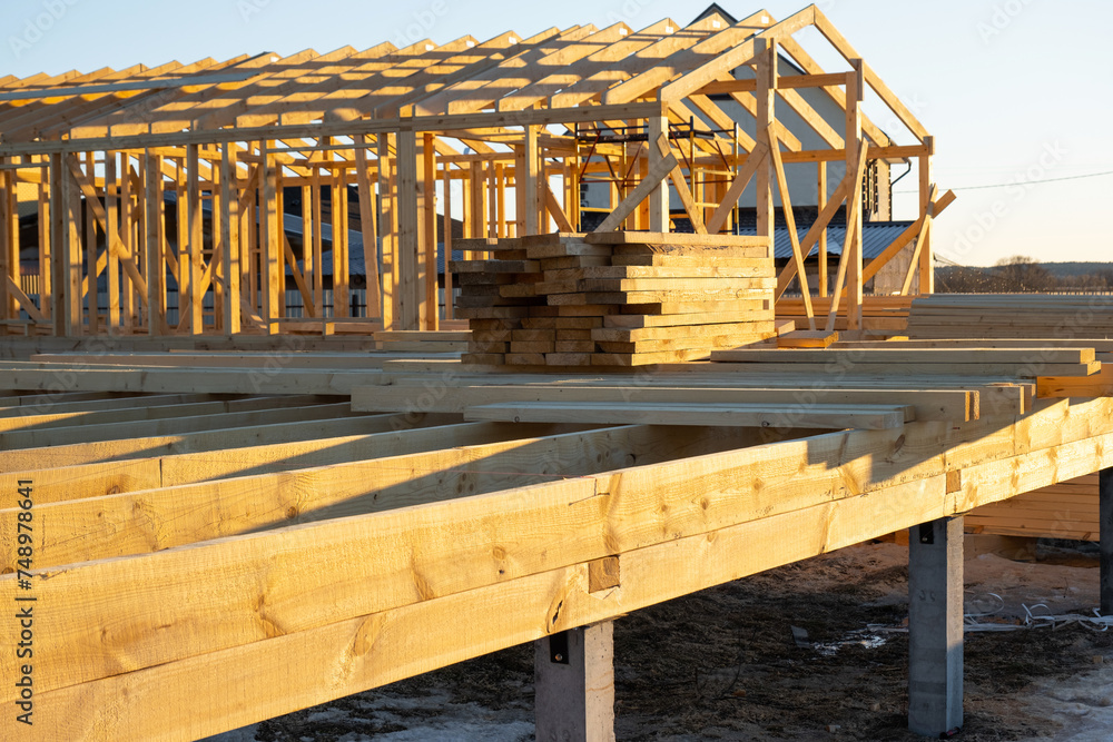 Construction of a wooden frame house - frame from the foundation, walls ...