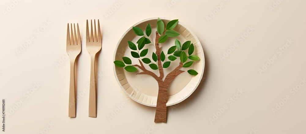 A plate featuring a tree design sits on a bright table, accompanied by ...