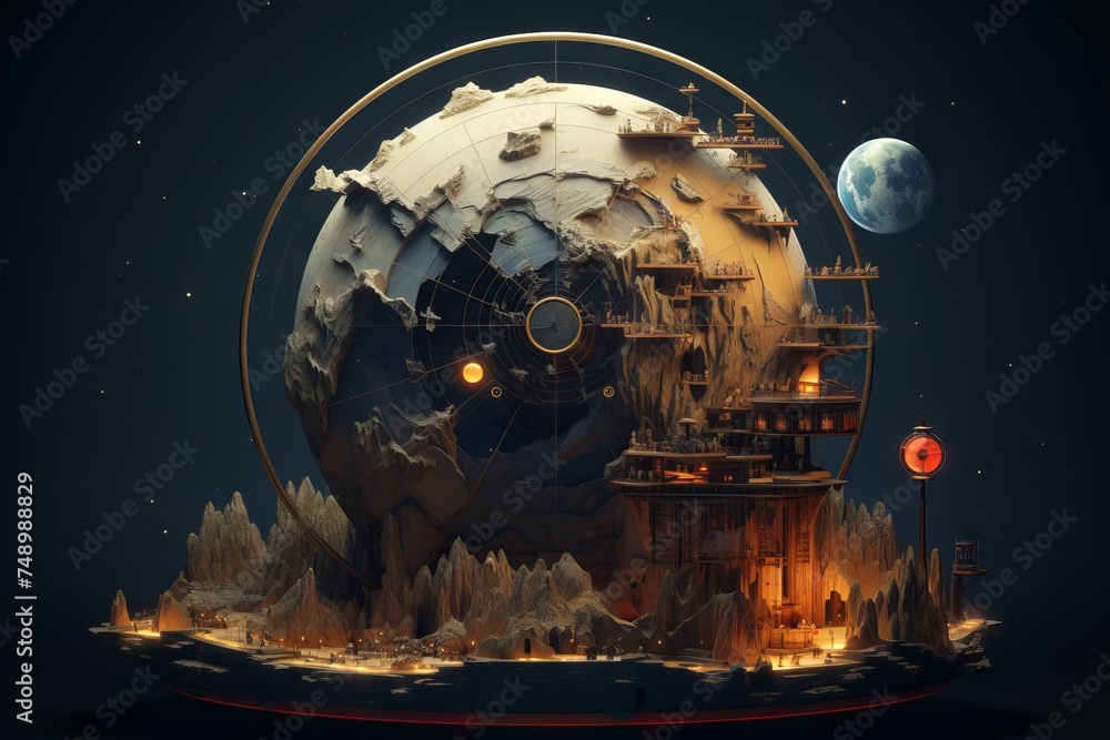 Steampunk-inspired floating metropolis with gears. Concept of ...