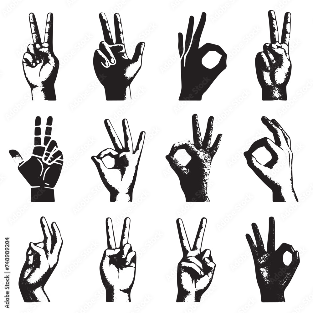 Hands set with a retro photocopy effect. Trendy y2k elements for design ...