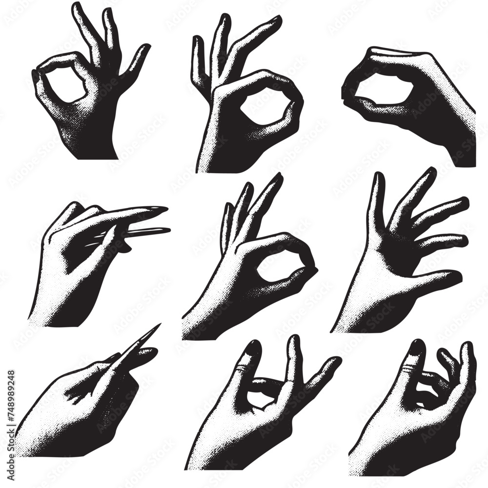 Hands set with a retro photocopy effect. Trendy y2k elements for design ...