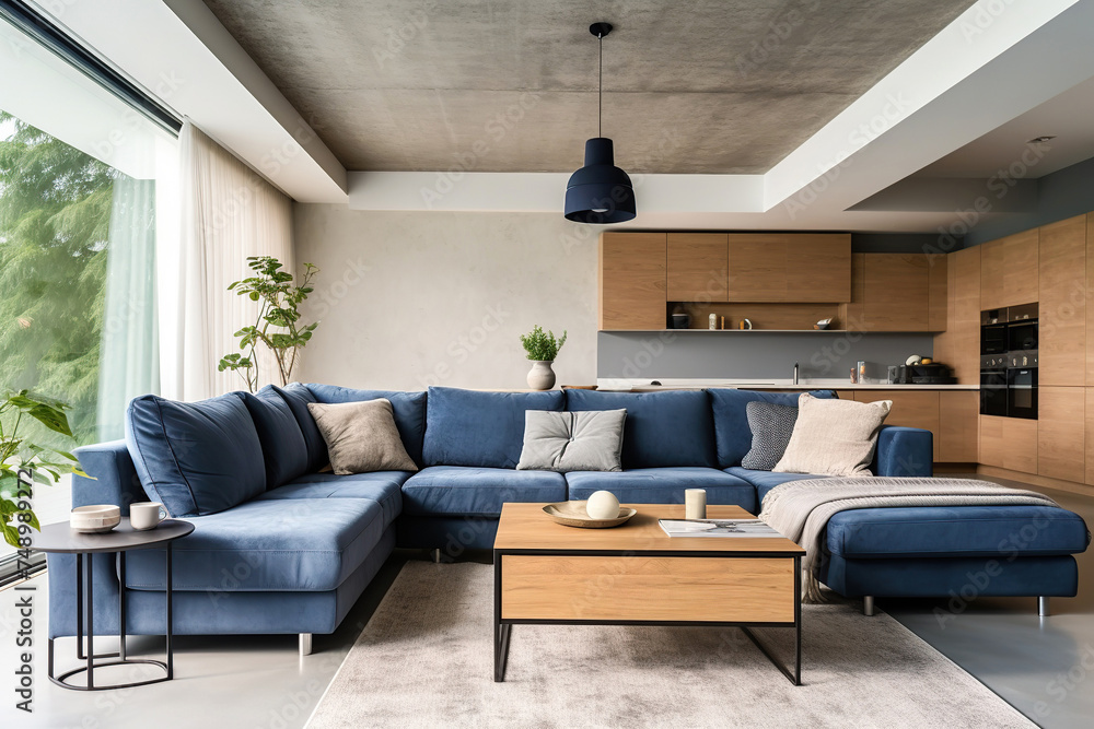Dark blue sofa in studio apartment. Scandinavian home interior design ...