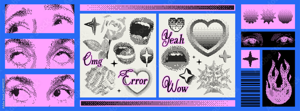Set of trendy different bitmap or halftone elements. Pixel style. Retro ...