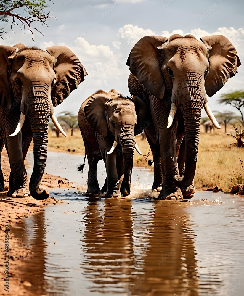 Elephants gather for a refreshing drink at a muddy waterhole under a ...