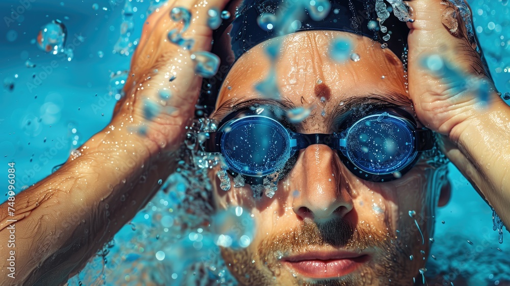 Swimmer adjusting goggles, water droplets captured in detail Stock ...