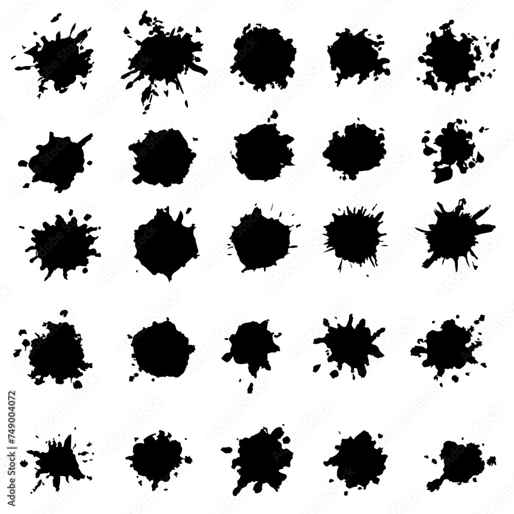 Drops and sprays of ink. Black paint splatters. Blotter spots, liquid ...