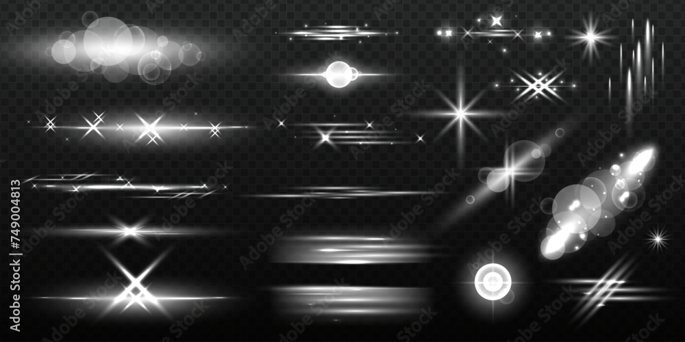 Light effect set. Glowing glare and realistic shining effect. Blinding ...