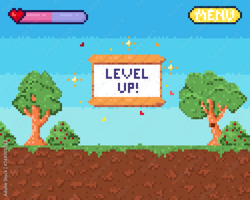 Pixel art game level up background. Retro 8 bit video game interface with Level Up text ...