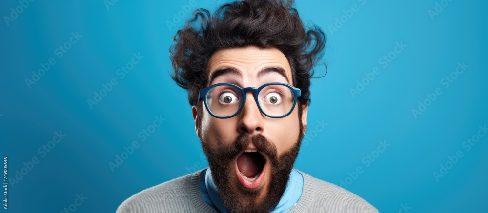 A man with a beard and glasses is shown making a surprised and excited ...
