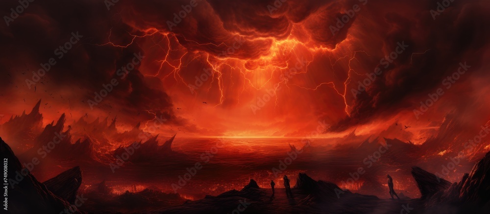 A painting depicting a red and ominous sky filled with bright lightning ...