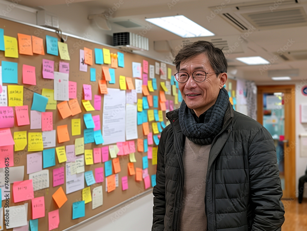Professeur âgé devant un tableau rempli de post it, cours d'une école d ...