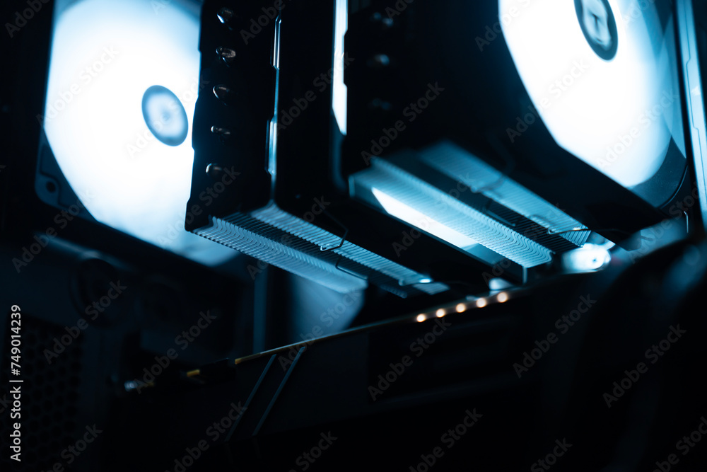 Detail of the interior of the PC gamer case. Motherboard, CPU tower ...