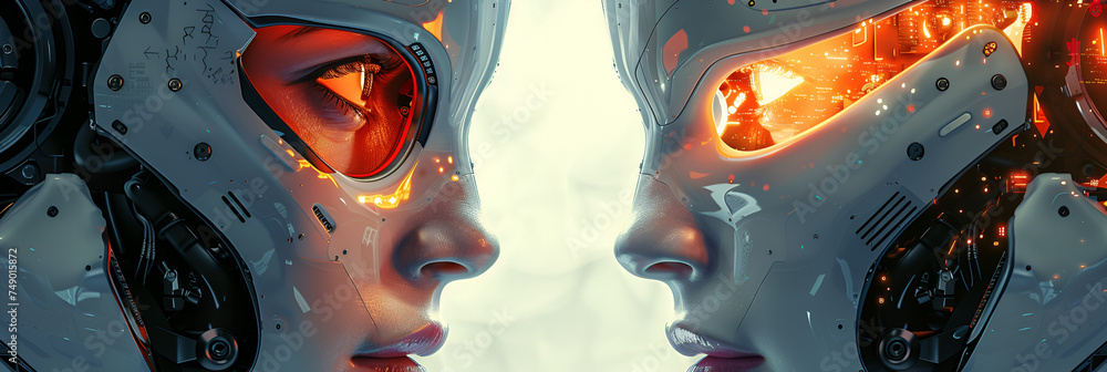 Two futuristic opposite AI robots. Battle of good and bad artificial ... Two futuristic opposite AI robots. Battle of good and bad artificial ...