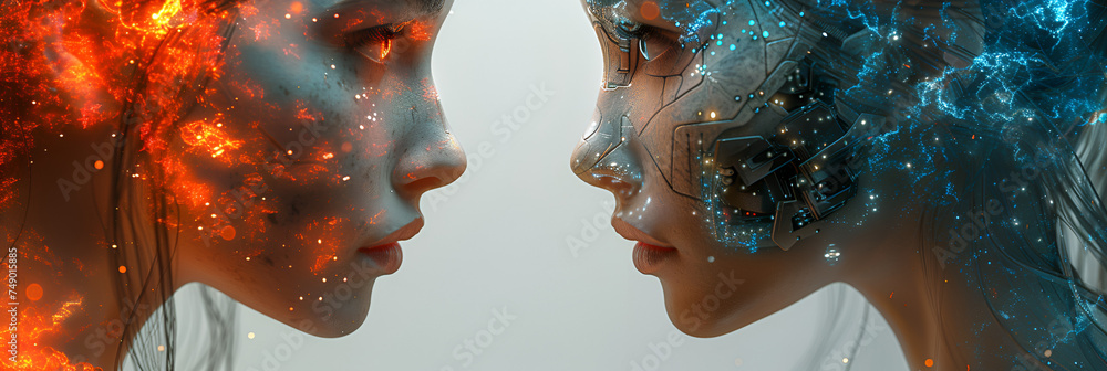 person with a painted face, Two futuristic opposite AI robots. Battle ... person with a painted face, Two futuristic opposite AI robots. Battle ...