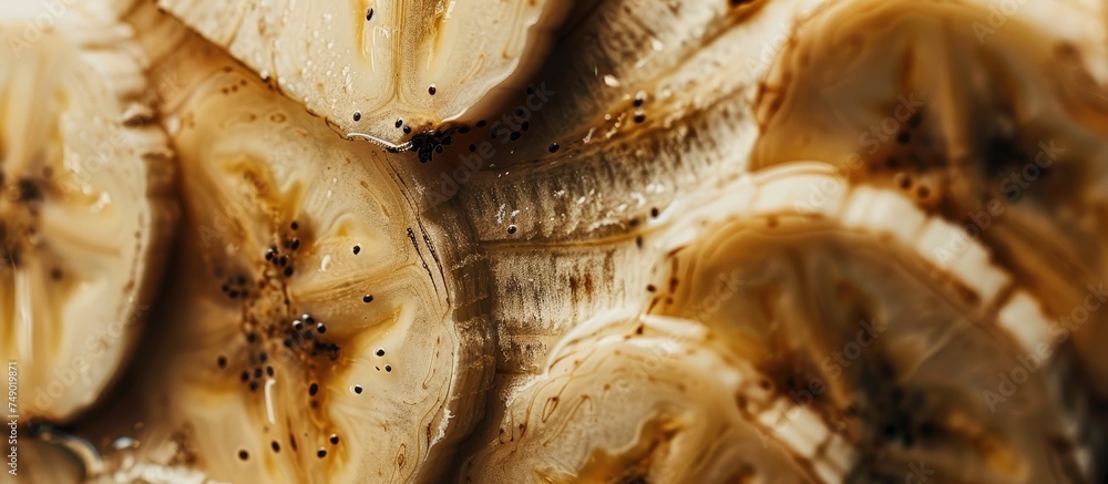 A detailed view of a banana cut in half, revealing its creamy flesh and ...