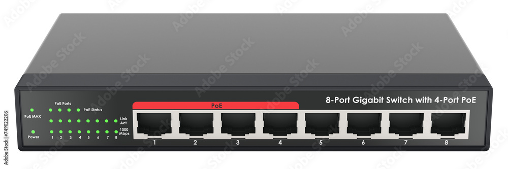 8 Port Gigabit Switch with 4 port PoE. 3D rendering isolated on ...