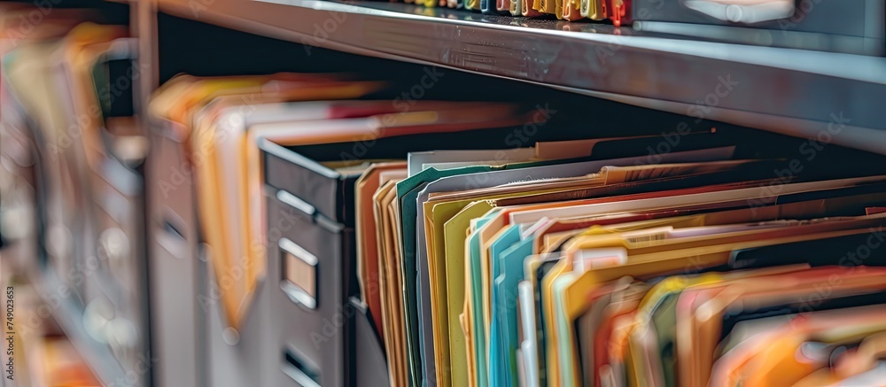 A collection of various folders neatly arranged on a shelf. Each folder ...