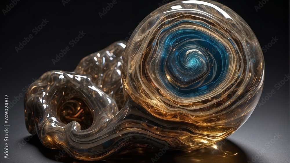 An elegant, transparent glass sculpture with a mesmerizing blue spiral ...