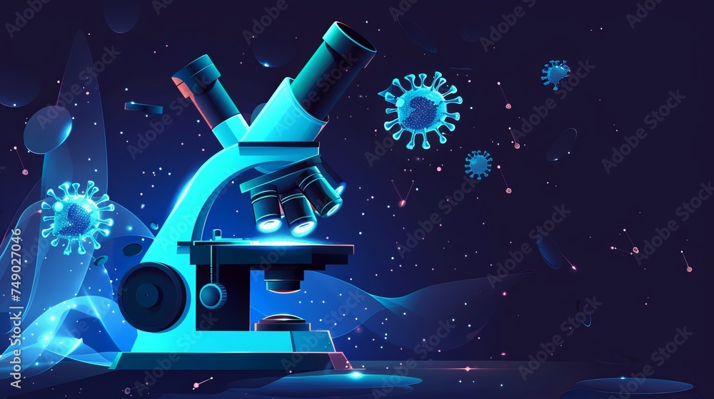 The vector illustration depicts a microscope observing blue-colored ...