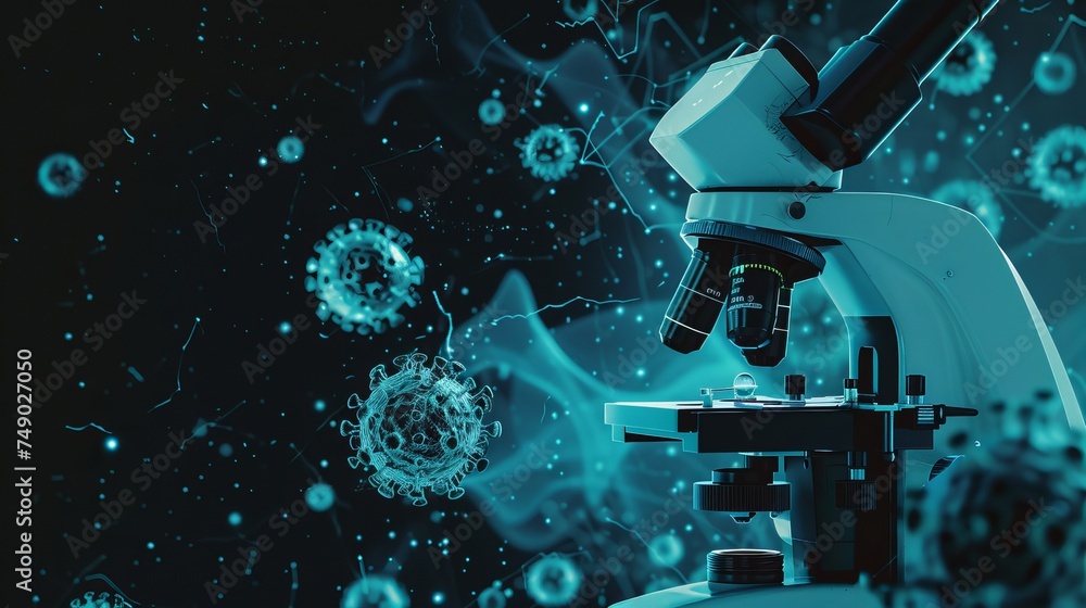 The vector illustration depicts a microscope observing blue-colored ...