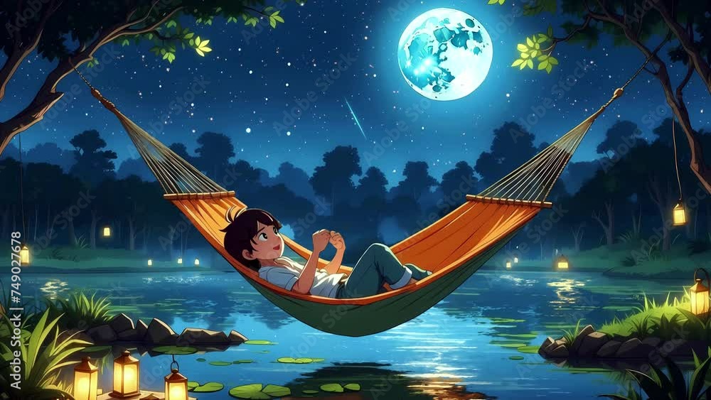 A lo-fi boy chills in a hammock near a lake, under a moonlight sky with ...