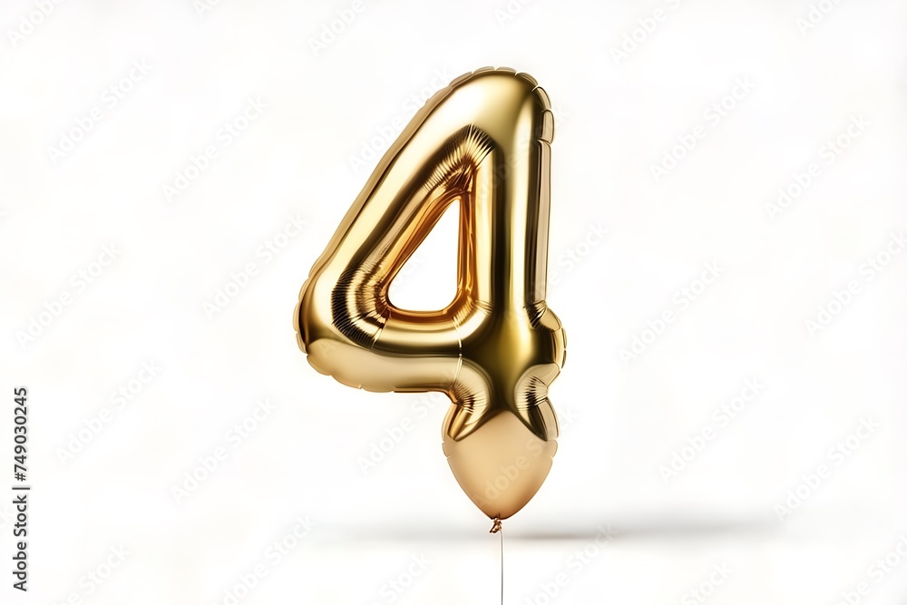 golden balloon shape for number 4 on white background, Golden number ...