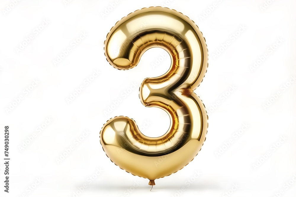 golden balloon shape for number 3 on white background, Golden number ...