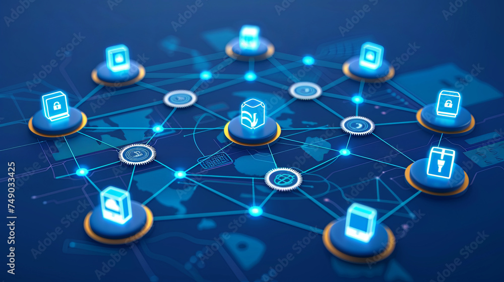 The virtual network, where the luminous lines and points of connection ...