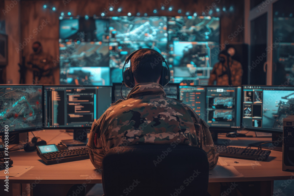 Man in army control room on computer in office Data center or command ...