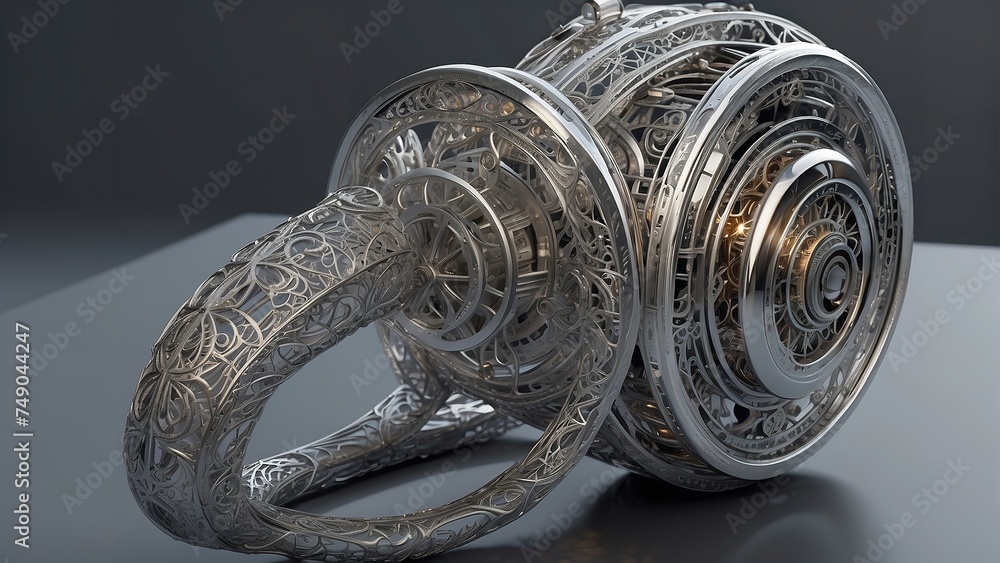 This is a close-up photo of an elaborately designed, silver gyroscope ...