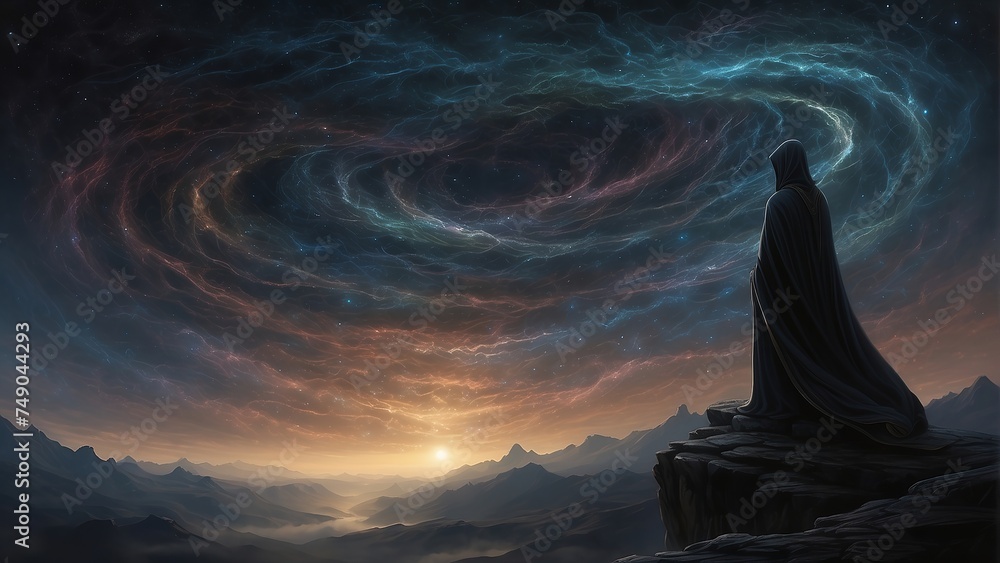 Silhouetted against cosmic clouds, a single figure evokes feelings of ...