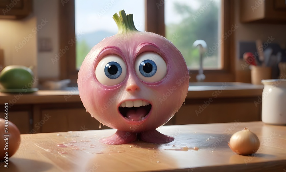 An adorable animated onion character with big, bright eyes sits on a ...