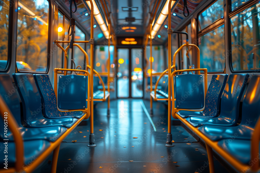 Inside view of a bus featuring blue seats and yellow railings Stock ...