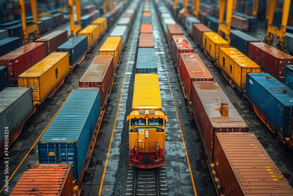 Overhead view of a brightly colored cargo train snaking through a large ...