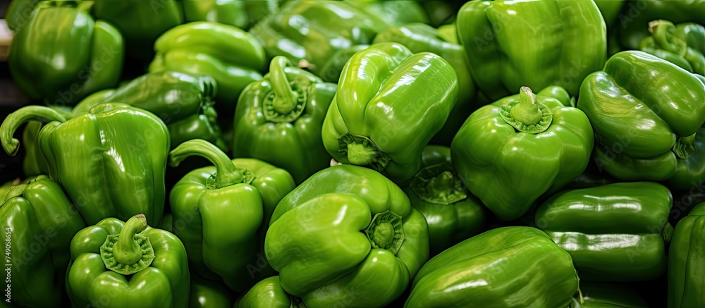 Several green bell peppers are arranged in a neat pile next to each ...
