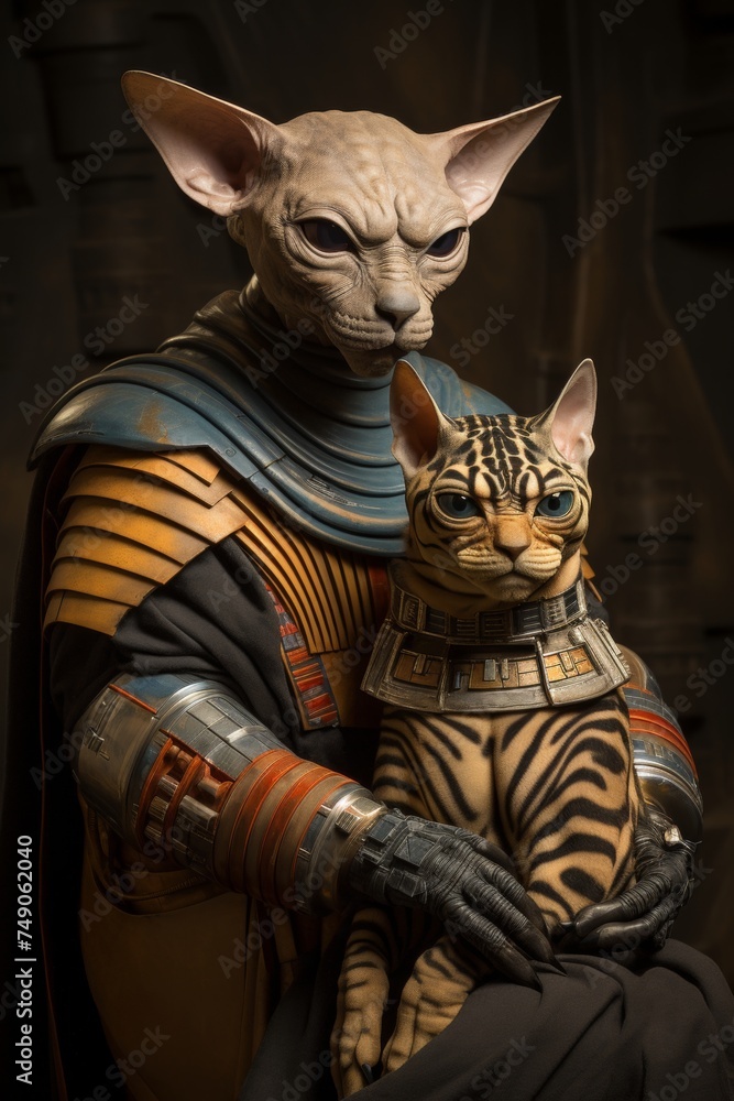 A majestic Sphynx cat in regal attire sits on an opulent Egyptian ...