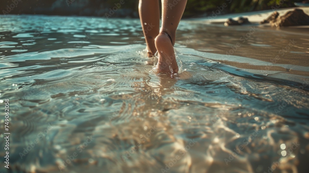 Wading through the shallow crystal clear waters a lone explorer ...