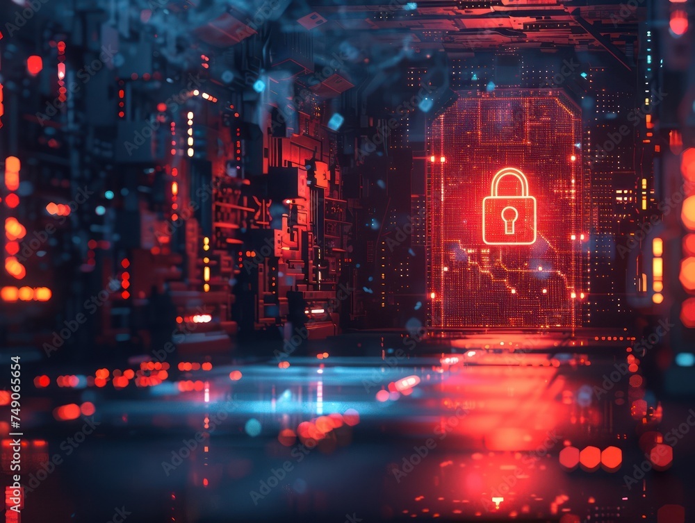 Medium shot of a digital lock interface glitching pixel art style ...