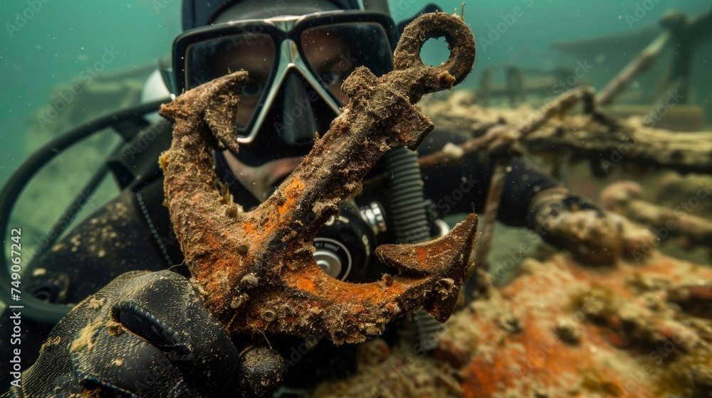 A diver holds up a rusted anchor they just unearthed from the ocean ...