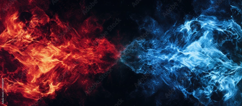 Two distinct fire flames, one blue and one red, burn brightly against a ...