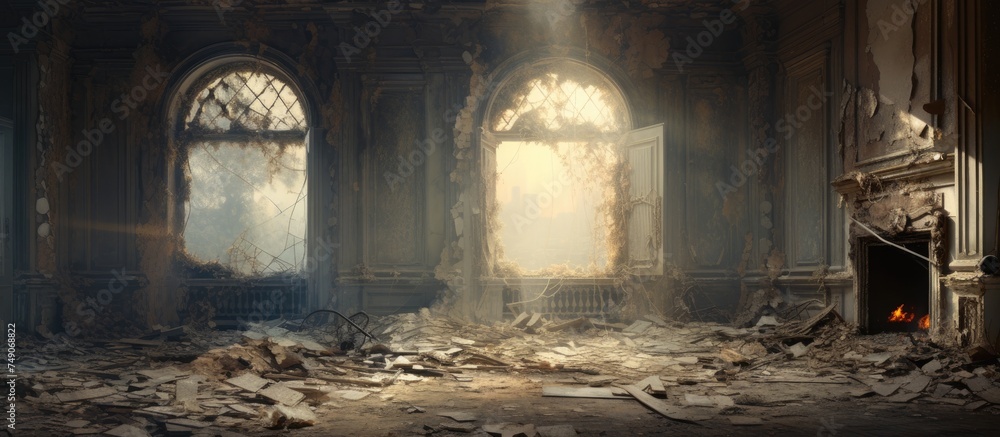 An abandoned room filled with rubble and debris, creating a disheveled ...