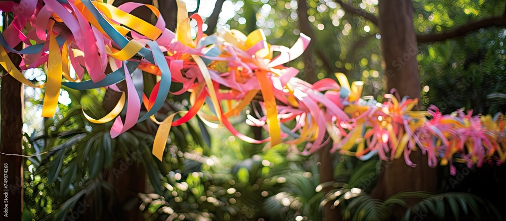A bunch of vibrant and colorful streamers hang from a tree in a ...
