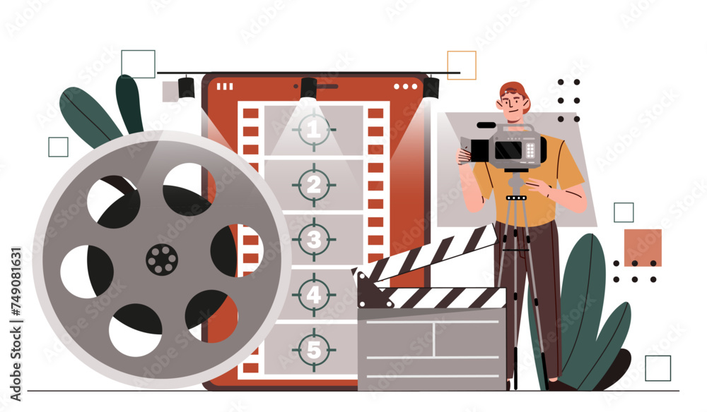 Cameraman with equipment. Man with camera and tape reel. Film industry ...