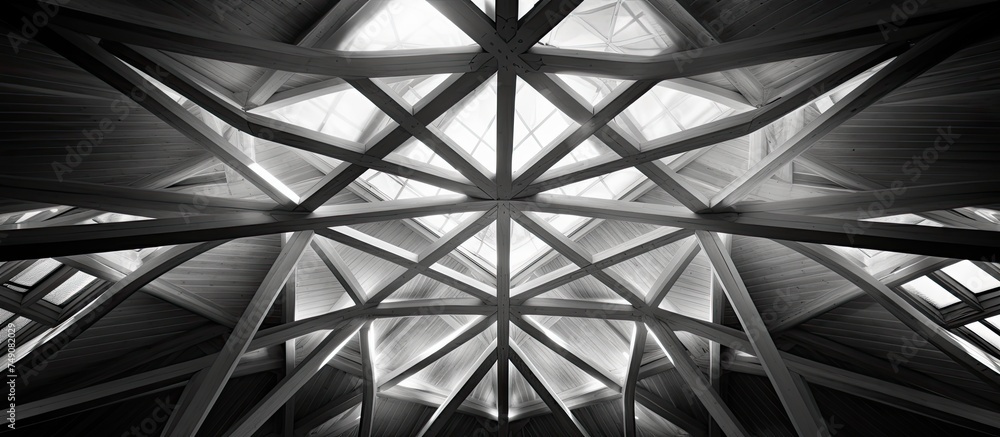 A black and white image displaying a radial pattern of roof truss ...