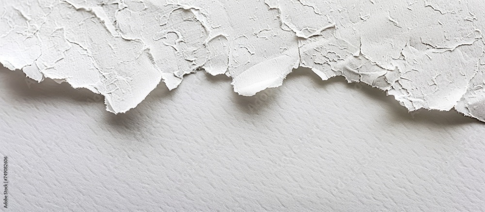 The image shows a white wall with peeling paint, revealing the rough ...