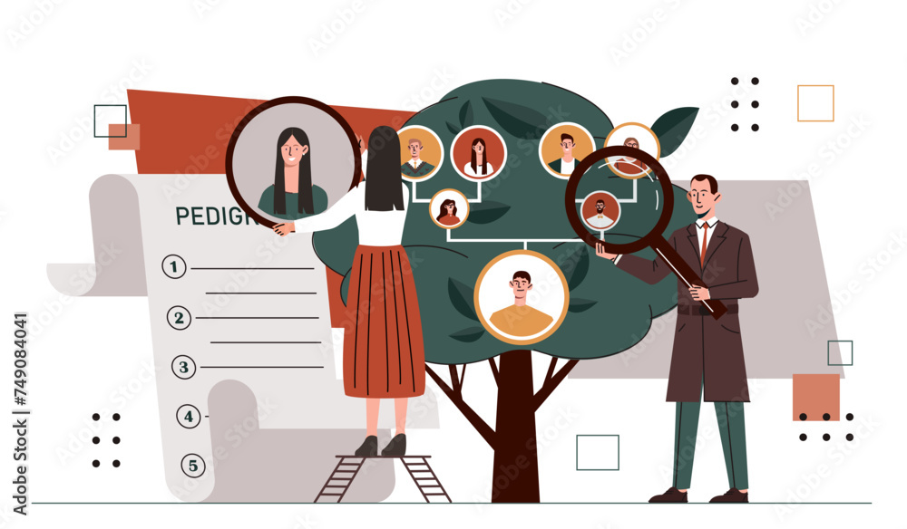 People with family tree. Man and woman with magnifying glass looking ...