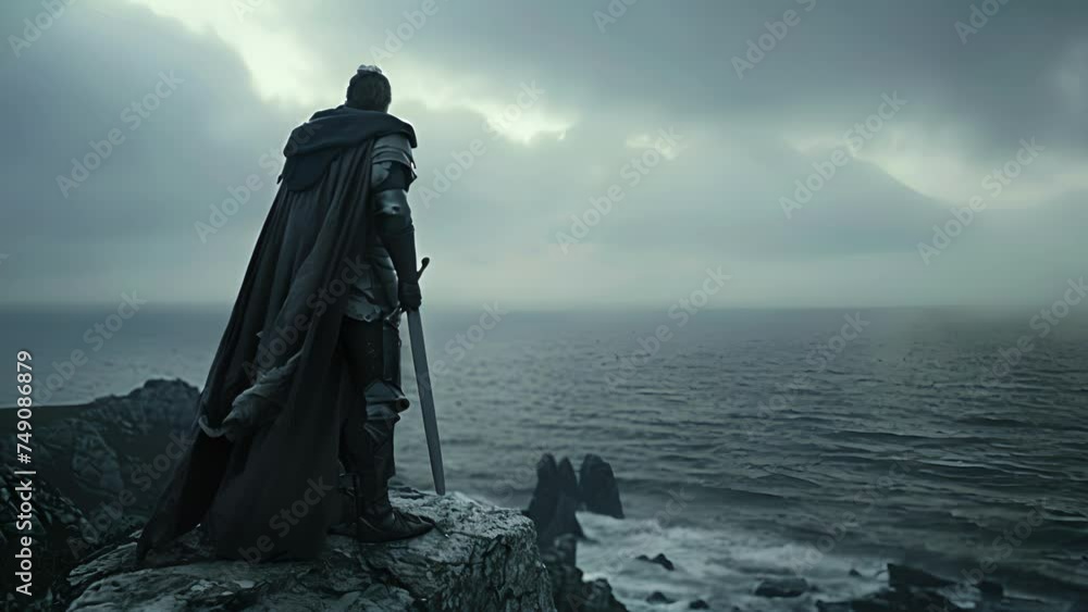 A lone knight stands atop a cliff staring out at the vast expanse of ...